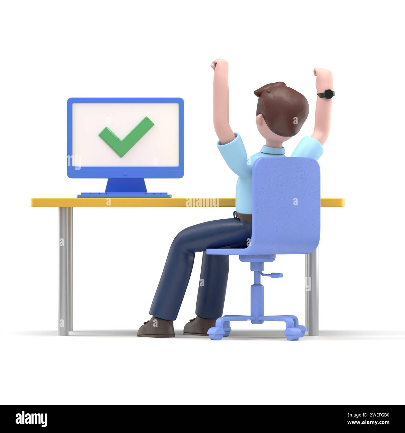 3D illustration of man completed task and triumphing with raised hands ...