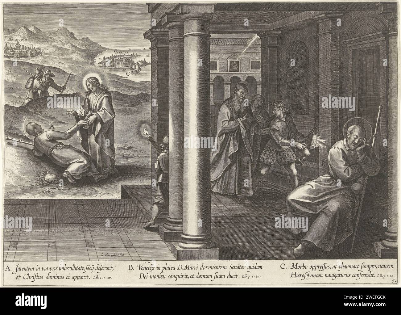 Ignatius on the way to Venice, Cornelis Galle (I), after Juan de Mesa, 1610 print Three scenes ...