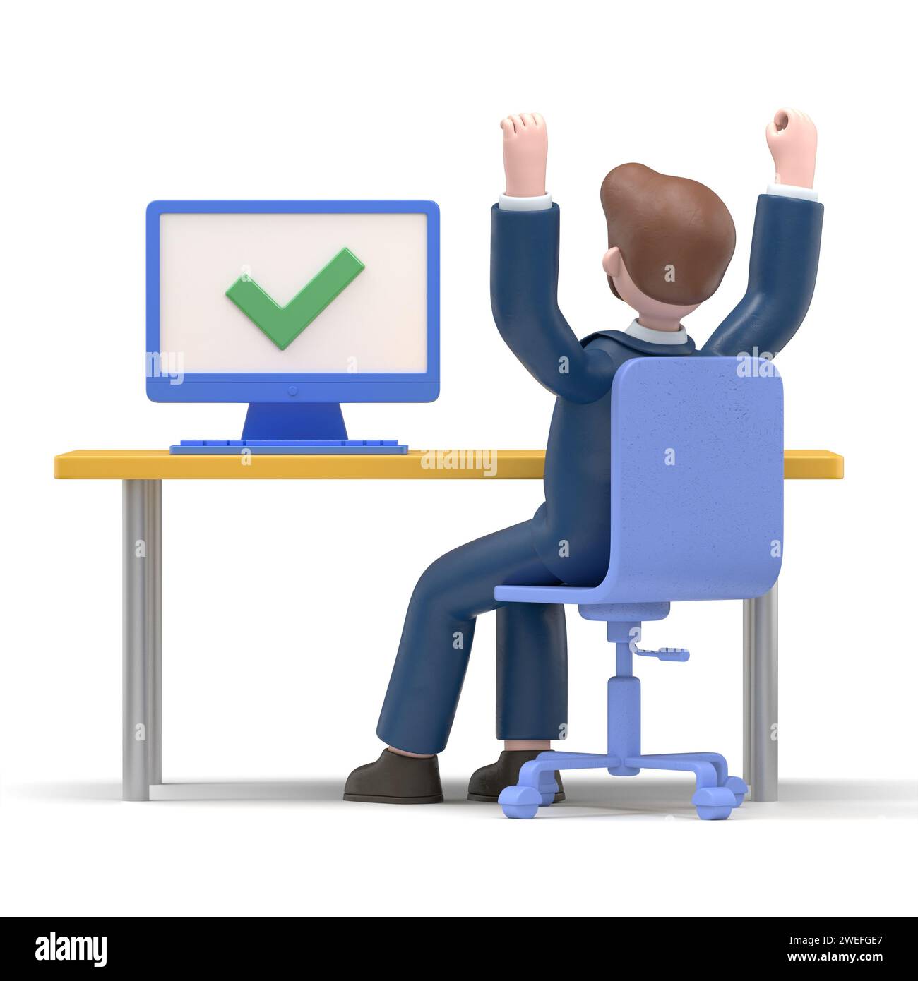 3D illustration of man completed task and triumphing with raised hands ...