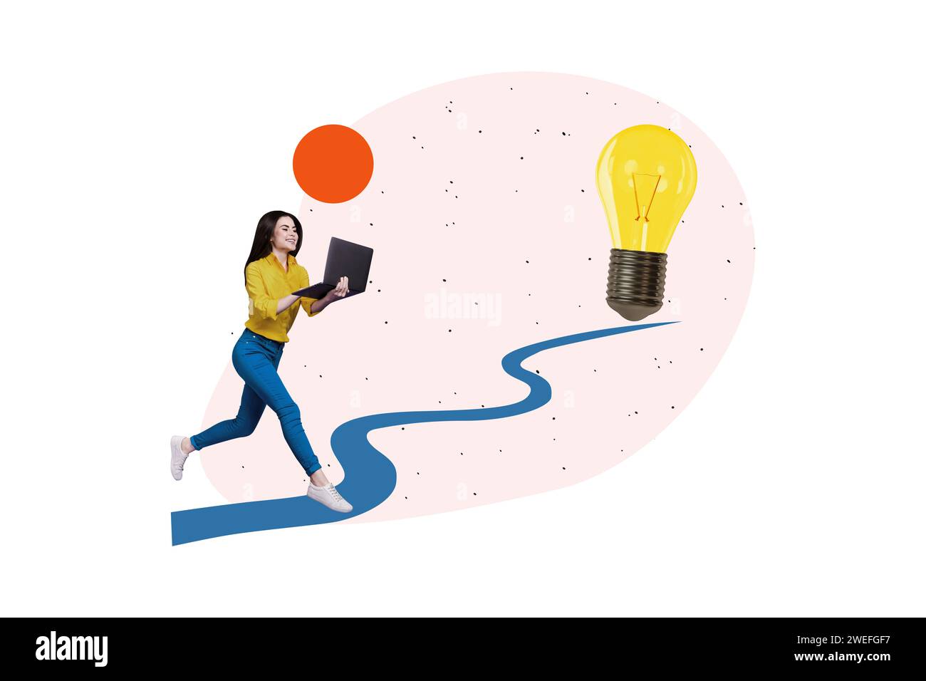 Artwork collage picture of cheerful mini girl use laptop running path ...