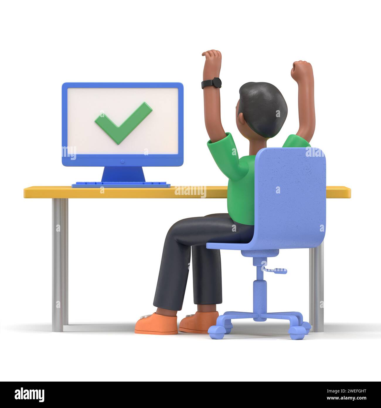 3D illustration of man completed task and triumphing with raised hands ...