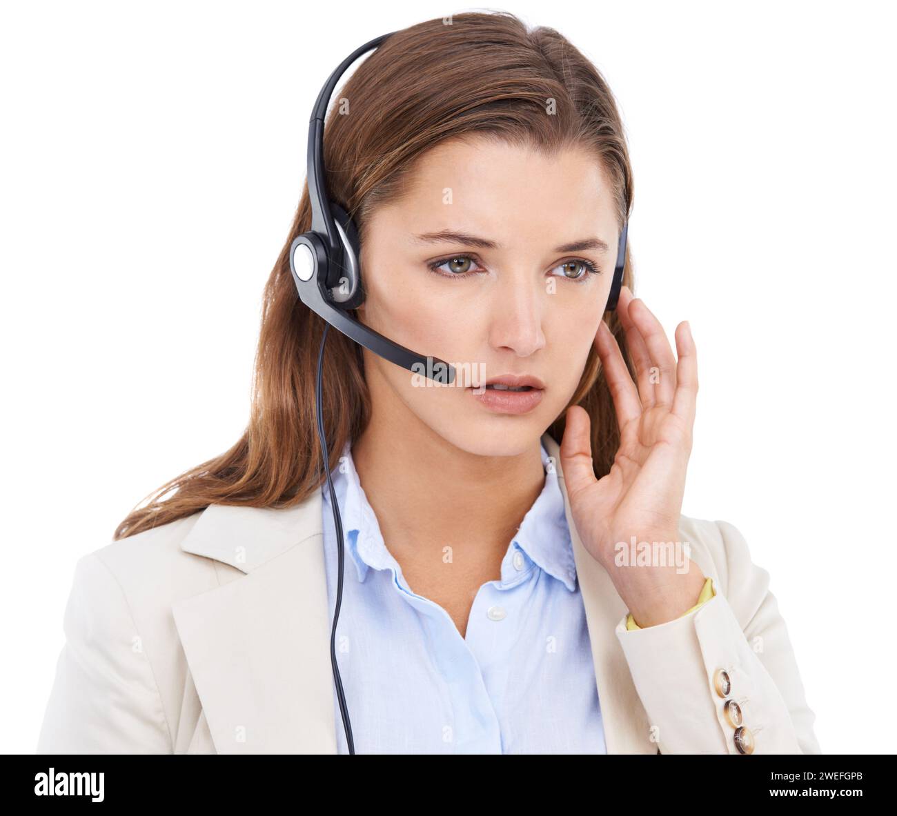 Call center, headset or woman listening in studio for communication or ...