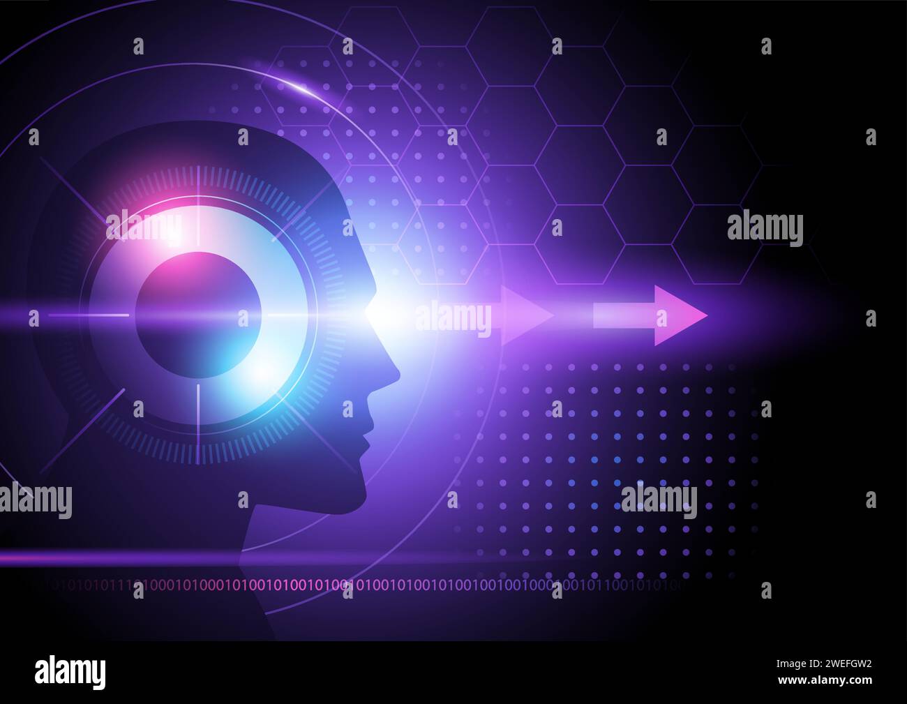 Vector illustration of purple futiristic background with human head and ...
