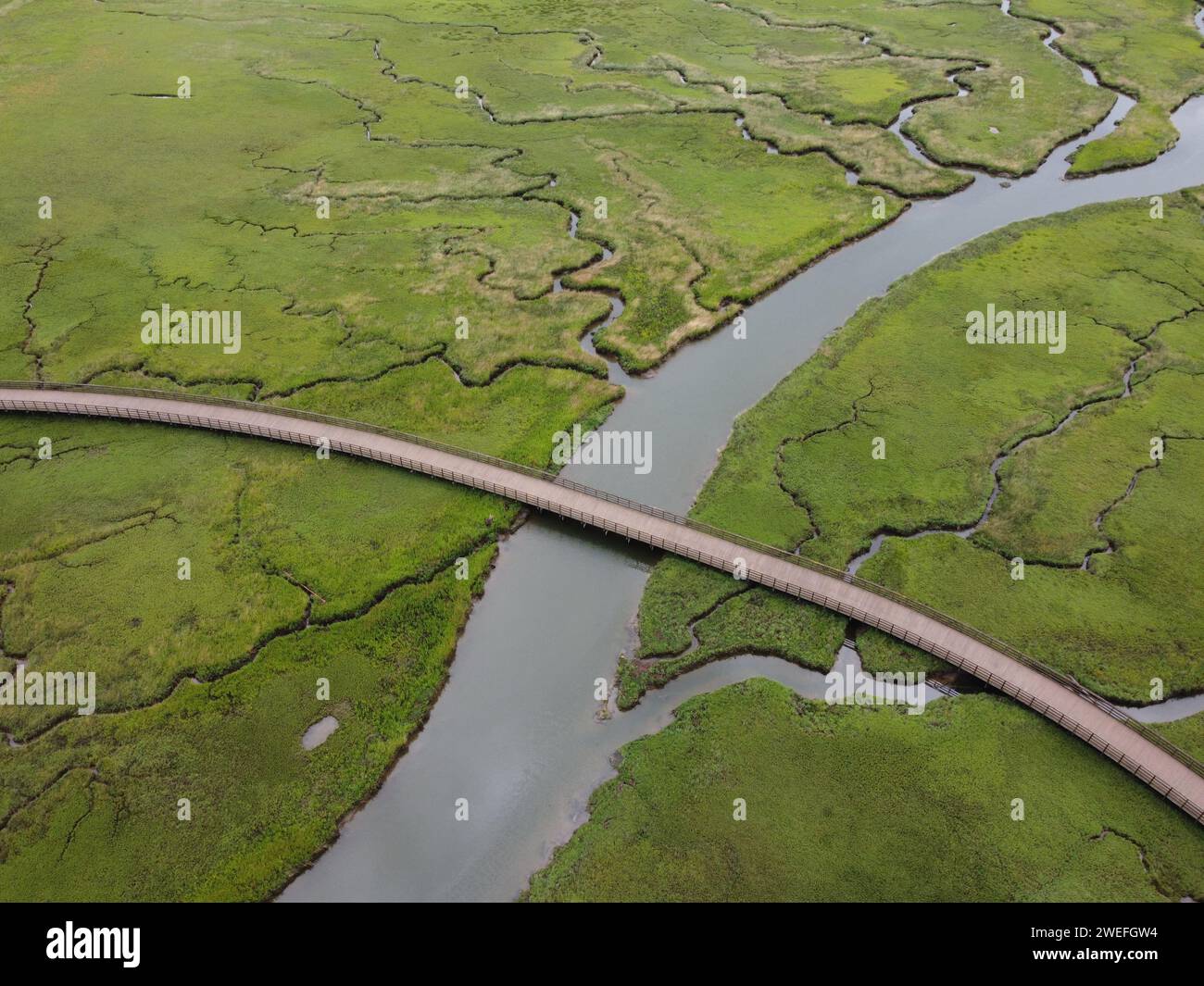 Aerial view of Long Boardwalk over Marshlands in Delta, British ...
