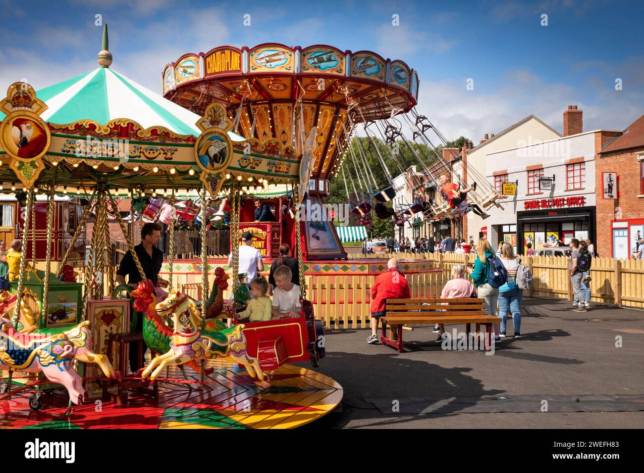 UK, England, West Midlands, Dudley, Black Country Museum, funfair rides ...