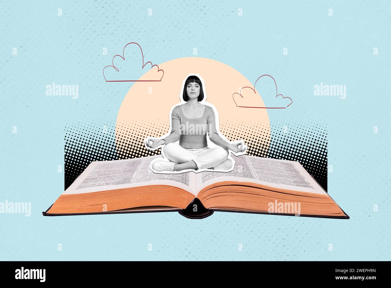 Collage creative poster image black white effect peaceful relax young ...