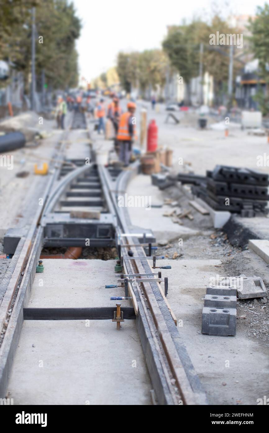 reconstruction of tram rails city transportation system Stock Photo - Alamy