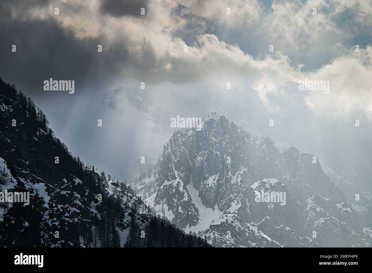 Rugged and beautiful Julian Alps in towering clouds near Planica ...
