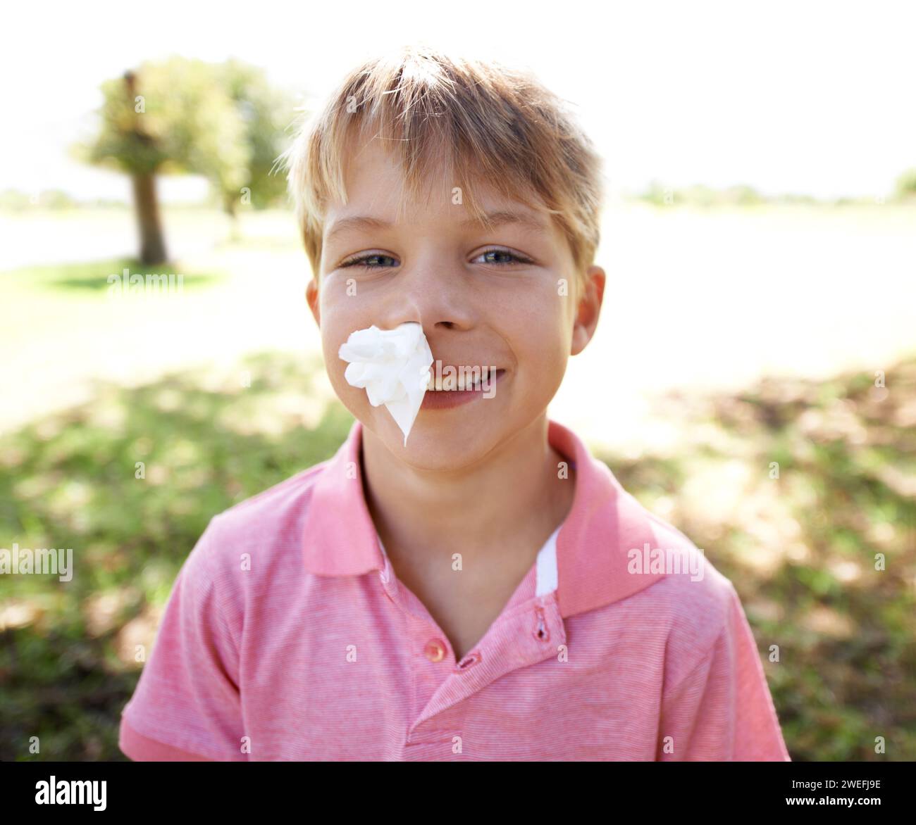 Child, portrait and nose bleed or paper for outdoor adventure or ...