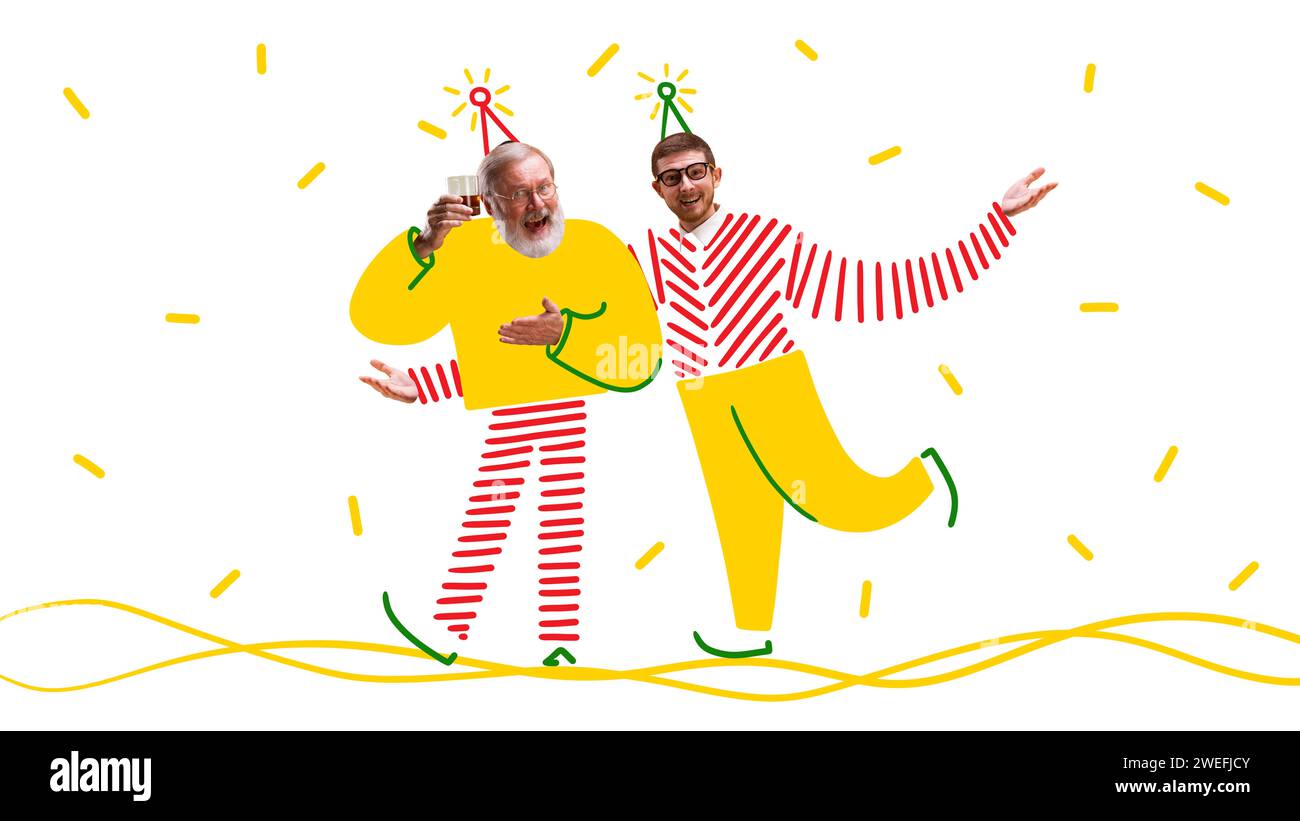 Modern aesthetic artwork. Two men in festive outfits with party hats ...