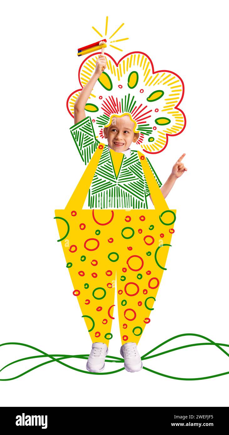 Contemporary art collage. Child, Jewish in playful costume with grogger ...