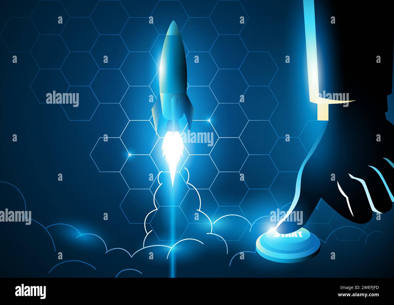 Businessman’s hand pressing a button to launch a rocket, concept for start up business. Modern ...
