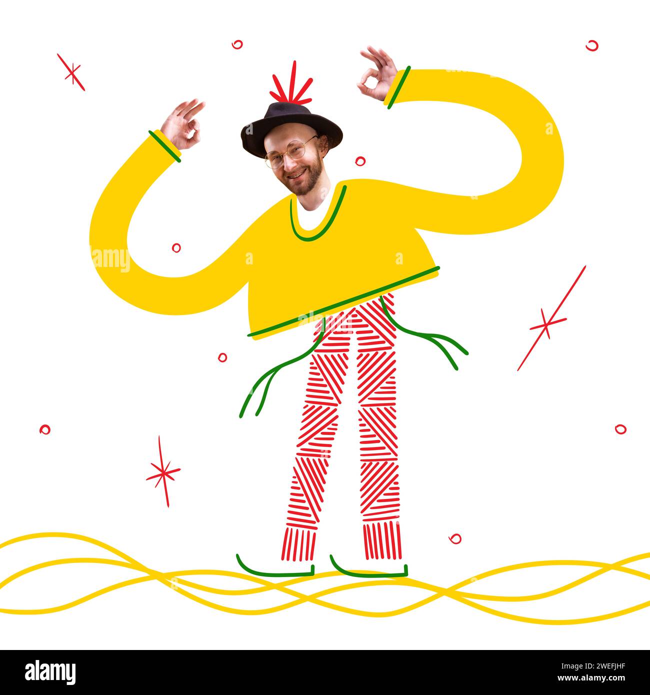 Contemporary art collage. Smiling person with festive attire and hat in ...