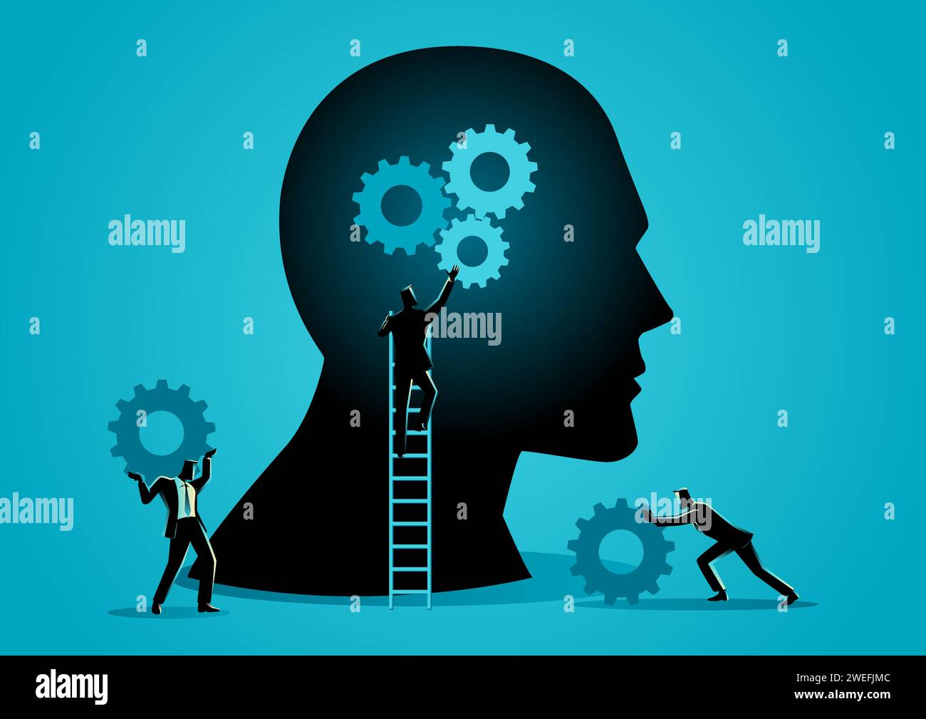 Businessmen working together installing gears in human head, business ...