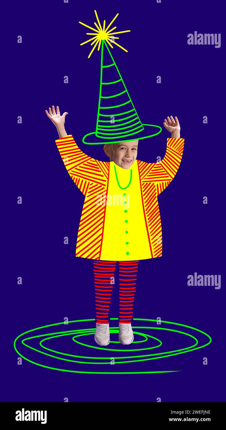 Modern aesthetic artwork. Child in wizard costume with striped leggings ...