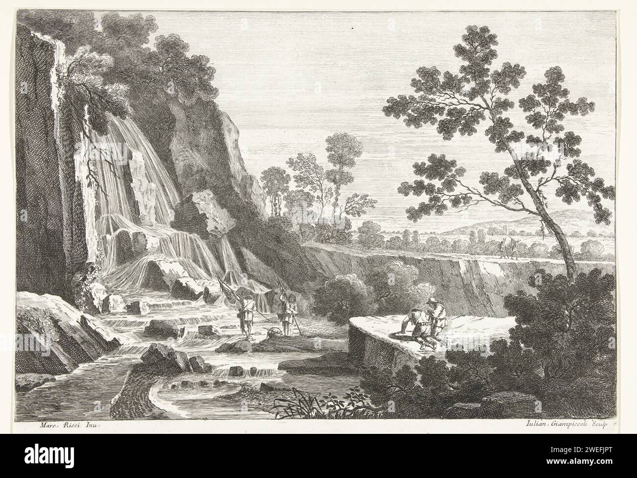Landscape with waterfall and fishermen and other figures, Giuliano ...