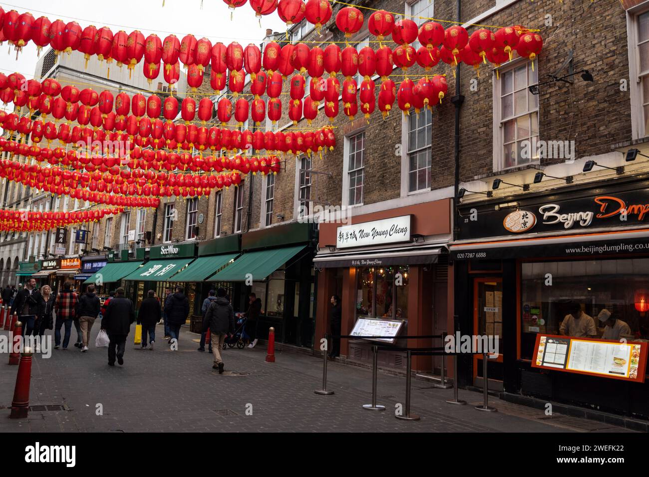London, UK. 25th Jan, 2024. Colourful lanterns are hung above the ...