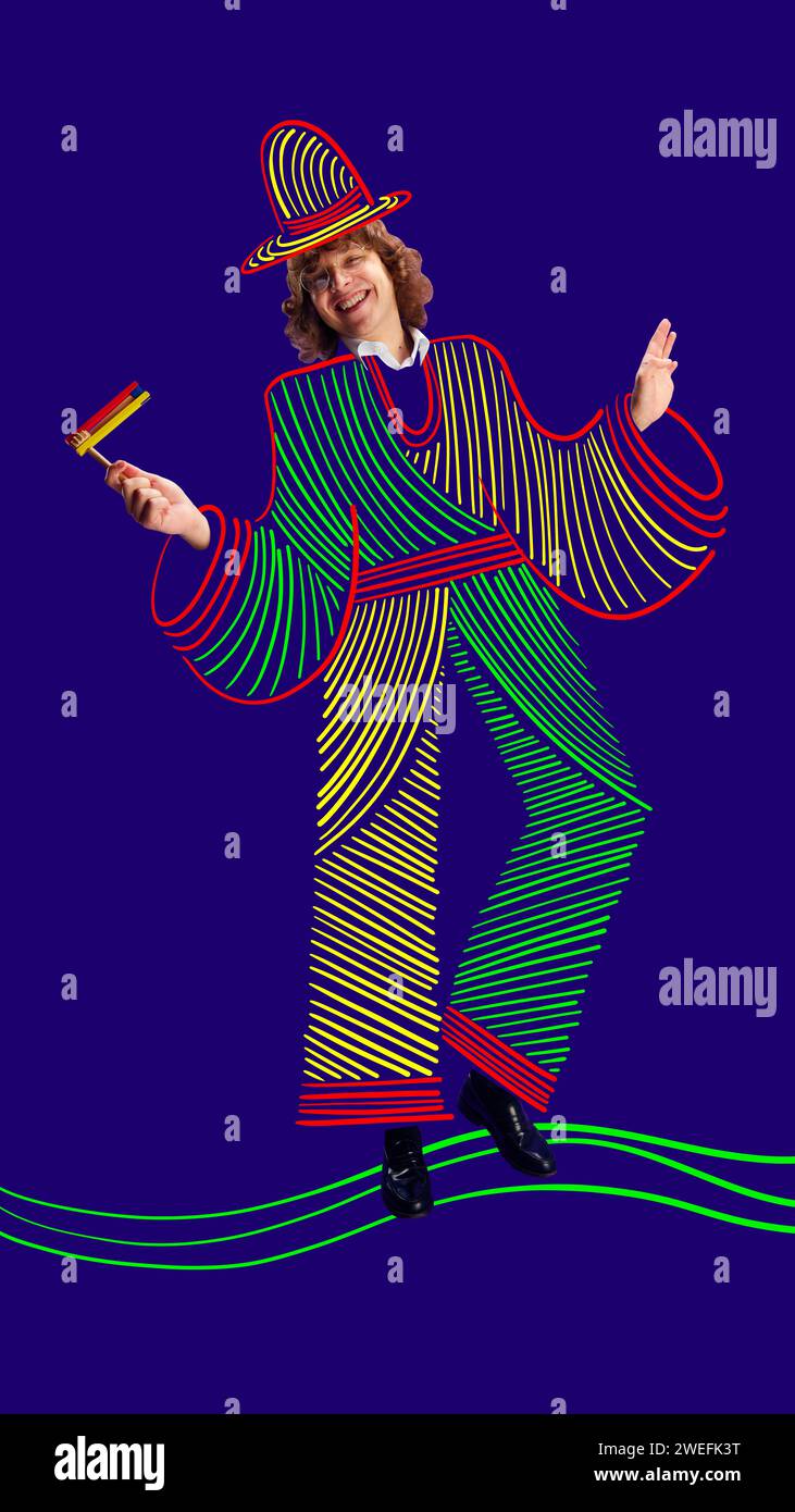 Modern aesthetic artwork. Man in abstract costume design holding ...