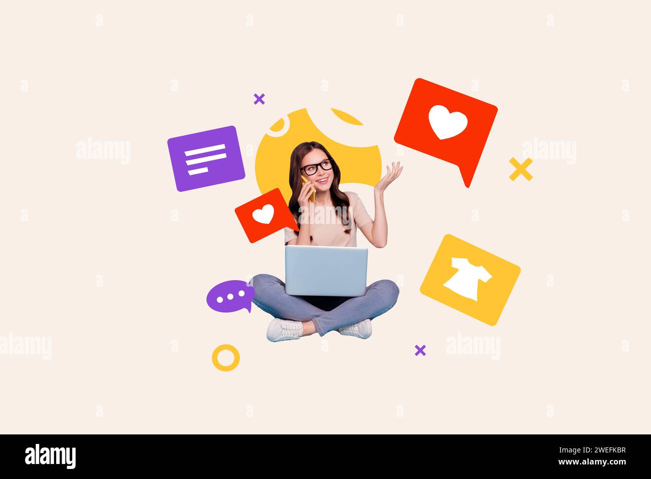 Photo collage young excited girl sitting laptop social network notifications like followers ...