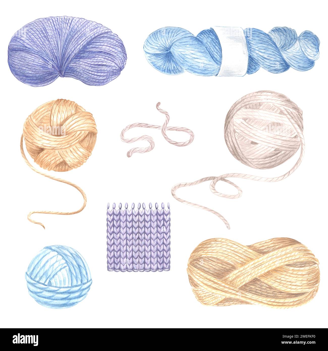 Knitted fabric sample purple, skeins of yarns and tangles of threads ...