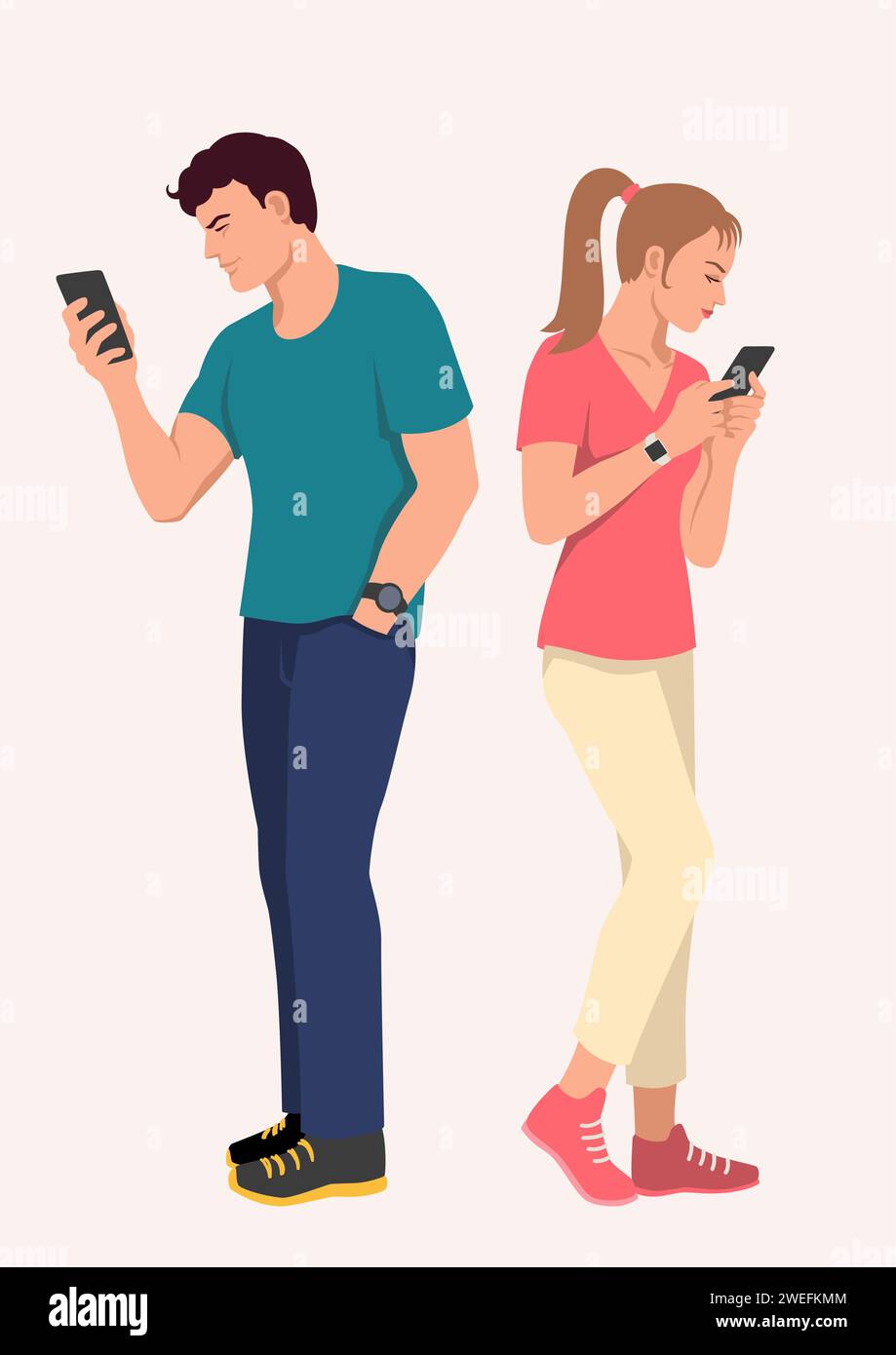Simple flat vector illustration of man and woman chatting, messaging ... Simple flat vector illustration of man and woman chatting, messaging ...