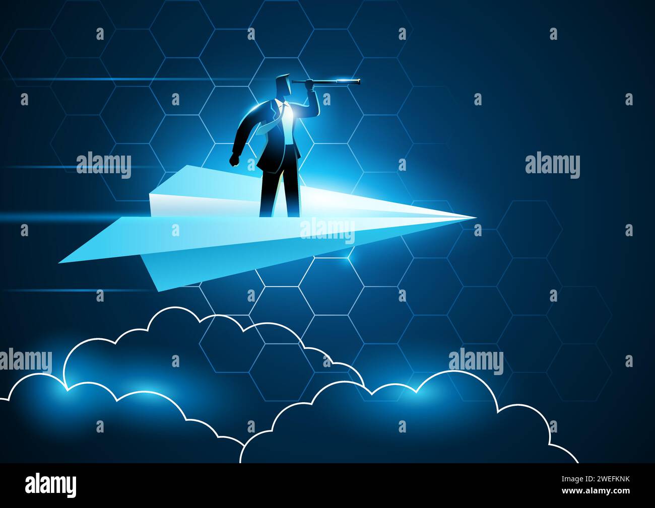 Businessman flying with paper plane using telescope with technology ...