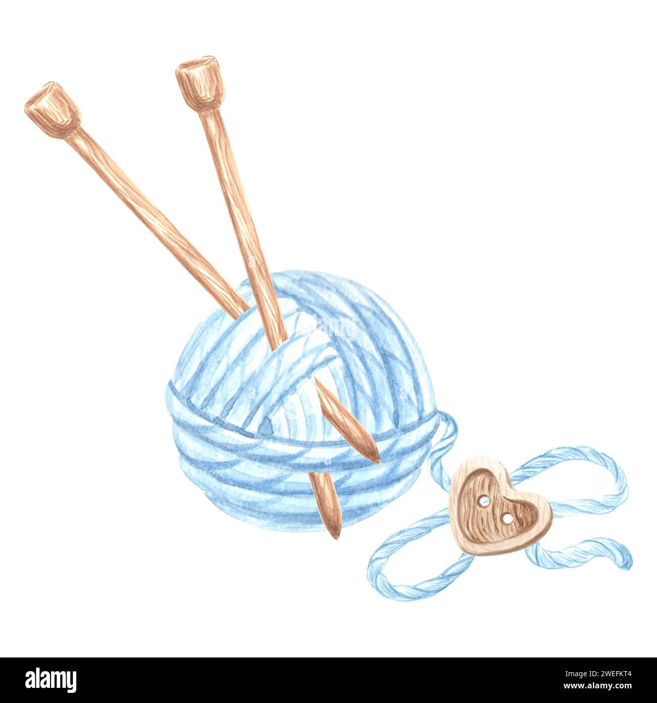 Watercolor knitting needles in tangle of blue threads. Template ...