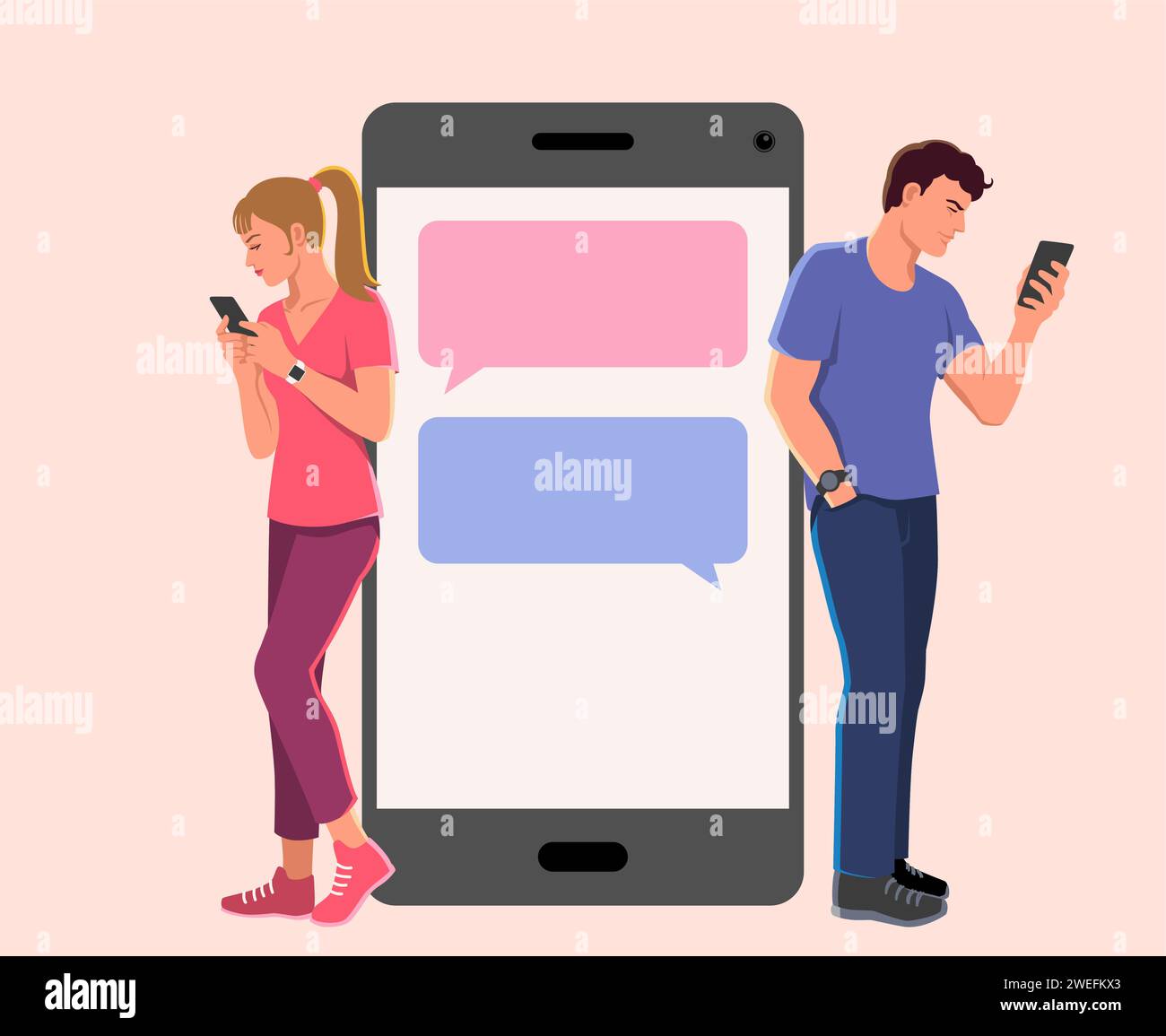 Simple flat vector illustration of man and woman chatting, messaging ... Simple flat vector illustration of man and woman chatting, messaging ...