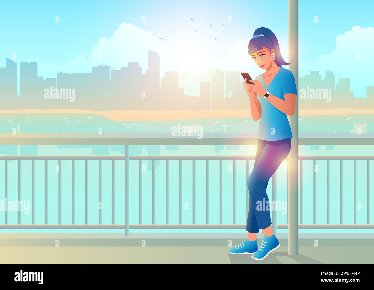 Cheerful beautiful young woman chatting by mobile phone over coastal ...