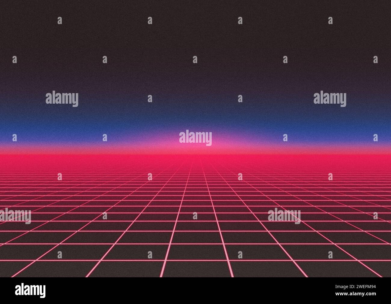 Background of red neon grid with blue horizon and retro grain effect ...