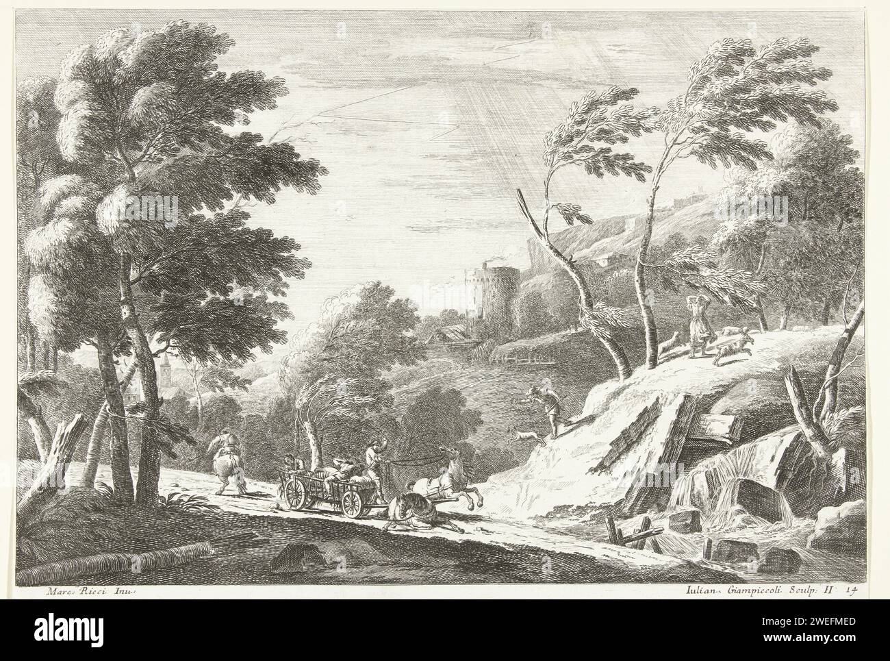 Landscape with thunderstorms and shocked animals in small waterfall ...