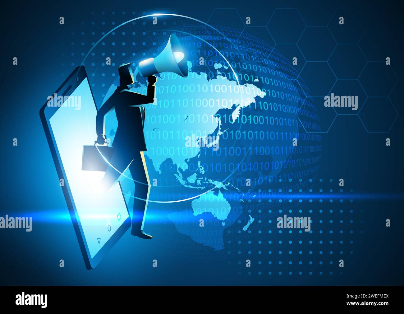 Business concept illustration of a businessman holding a megaphone ...