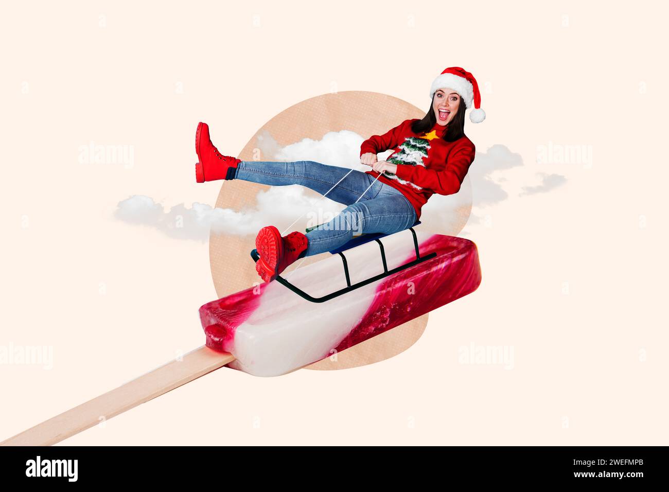 Exclusive sketch collage image of funny smiling lady rising sledges ice ...