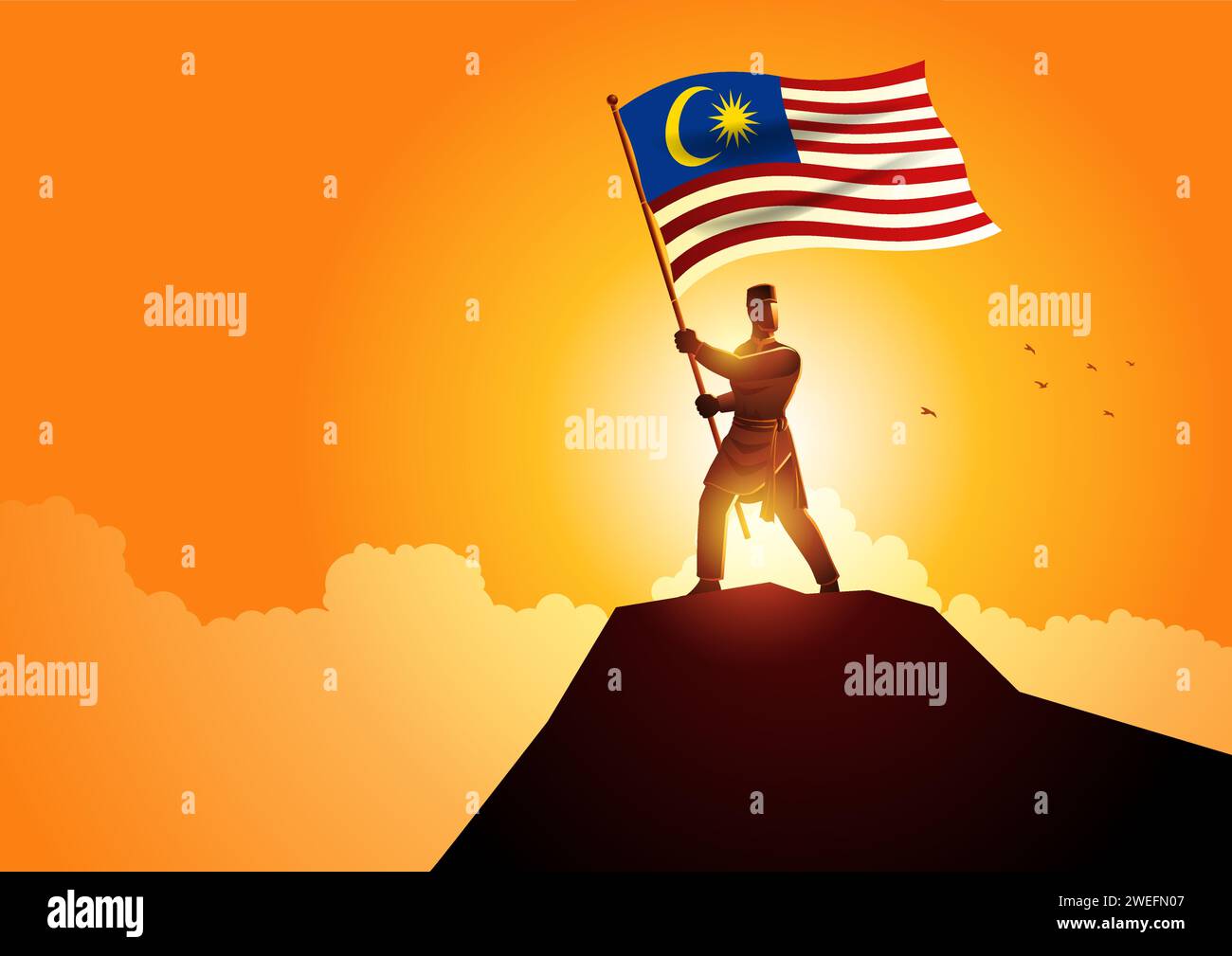 Vector illustration of a man in malay traditional costume holding the ...