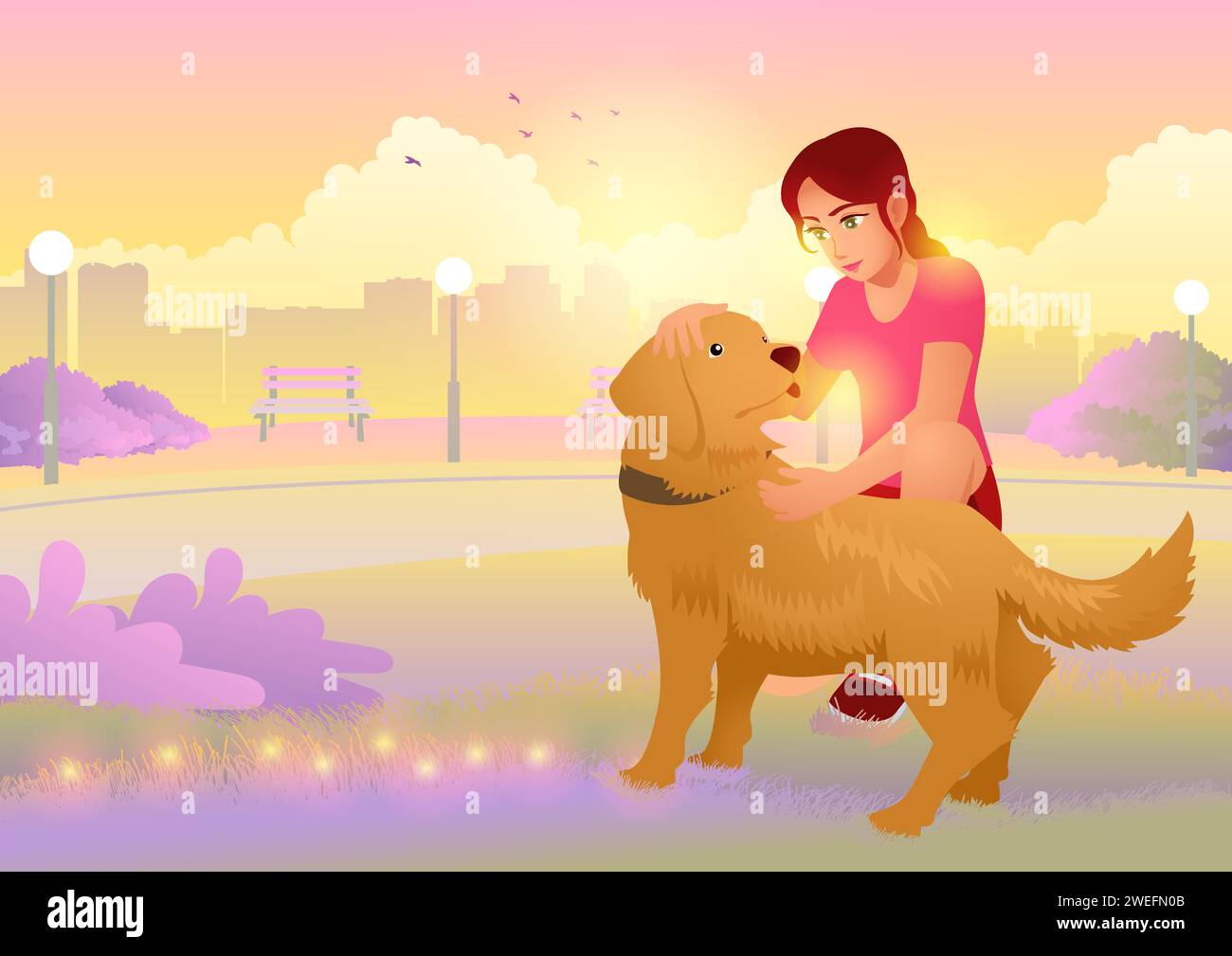Girl with her golden retriever in the city park during sunrise, cartoon ...