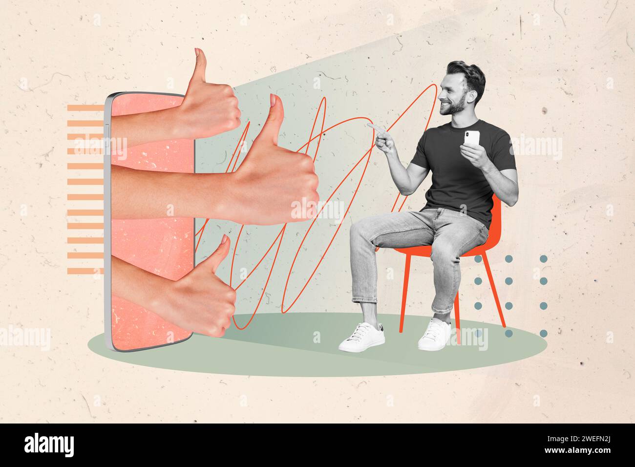 Creative photo collage sitting young man receive positive feedback ...