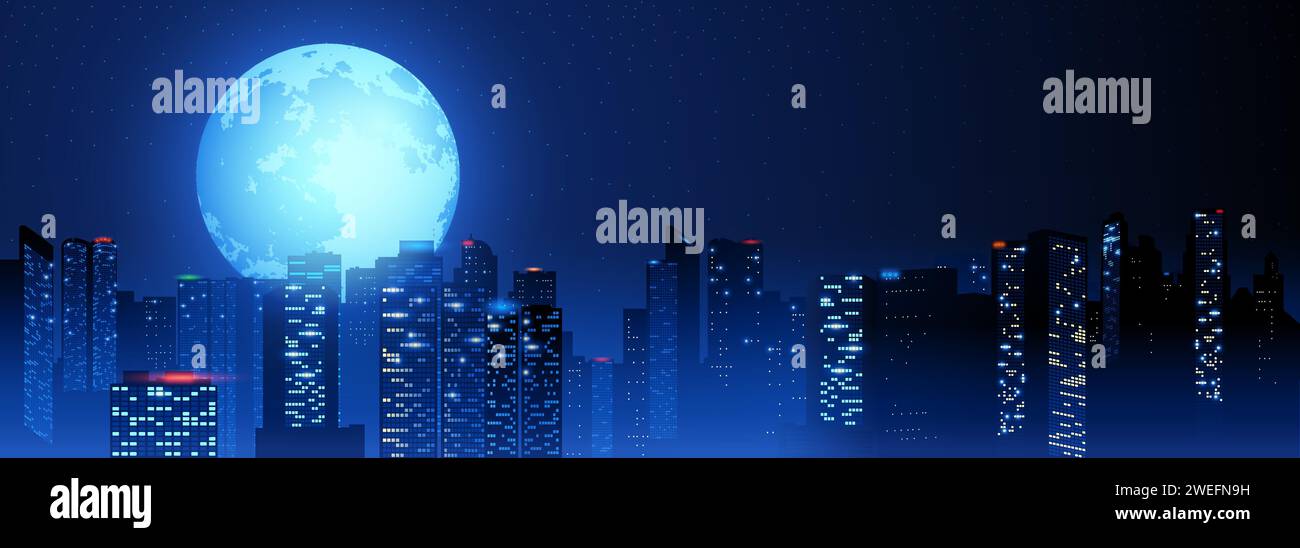 Beautiful full moon on cityscape, urban landscape vector illustration ...