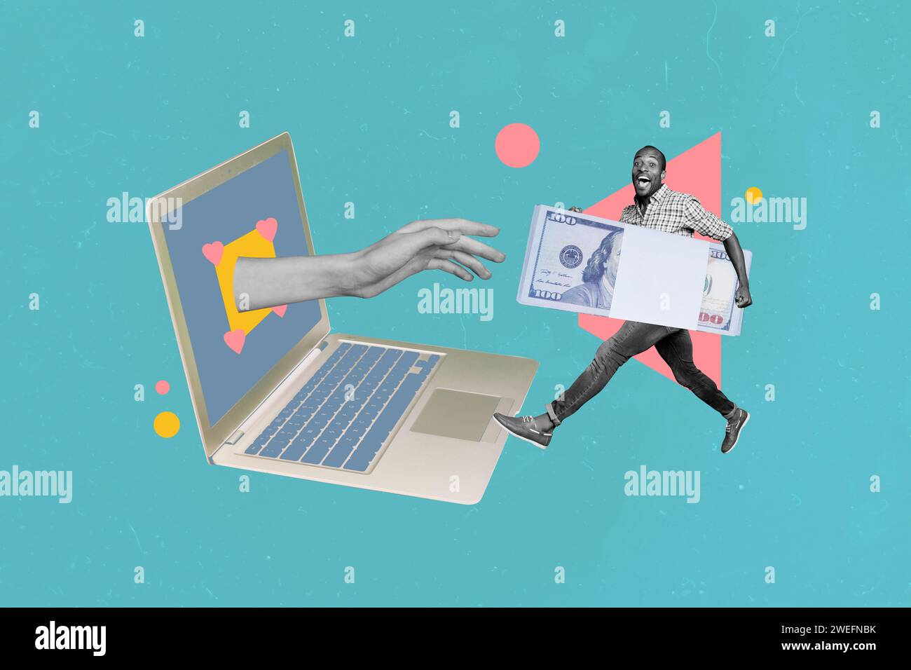 Composite collage image of funny man running hold banknotes money ...