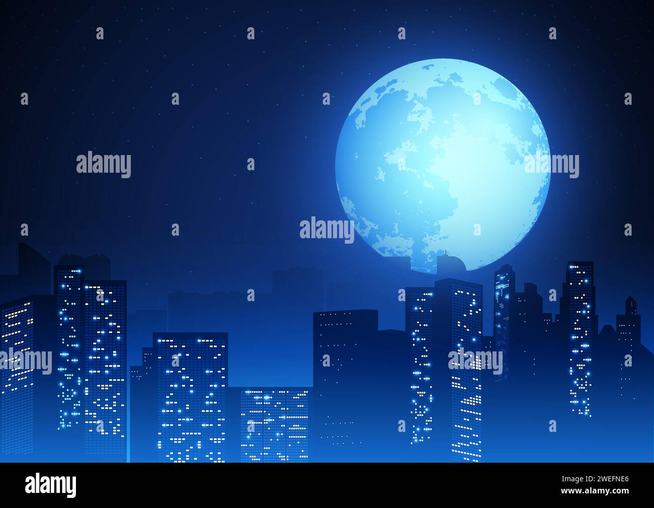 Beautiful full moon on cityscape, urban landscape vector illustration ...