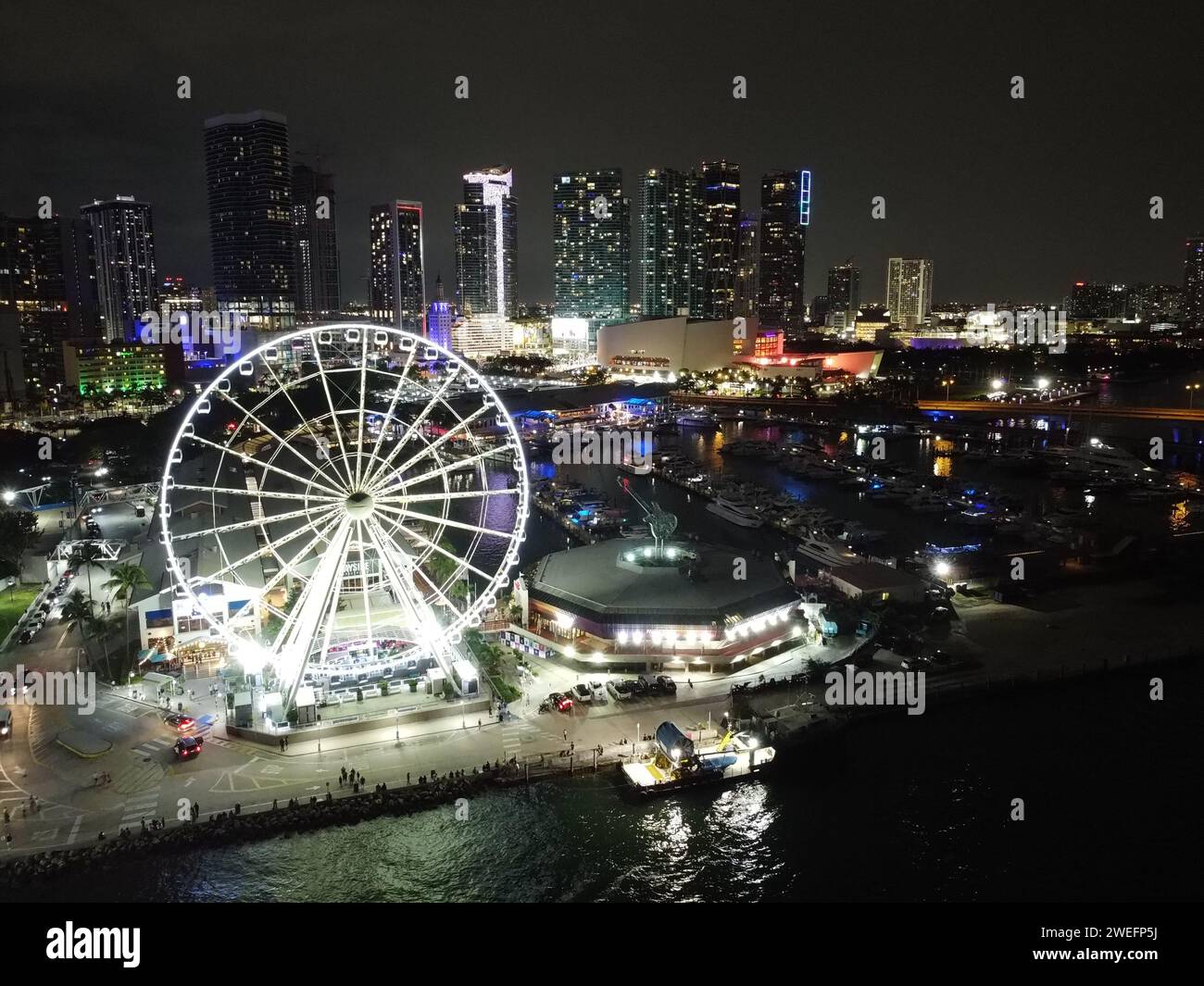 Ferris Wheel at Night in Miami Florida by Drone at Bayside Mall in ...