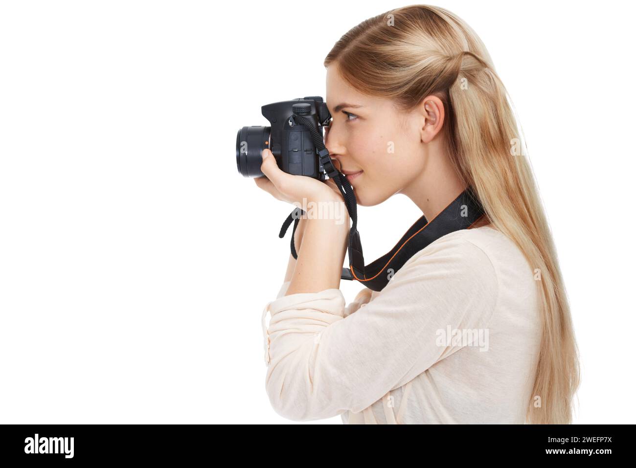 Photographer, camera lens and focus with woman and profile, picture for ...