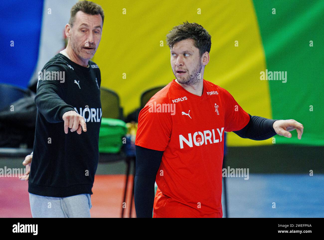 Niklas Landin and goalkeeper coach Michael Bruun during the Danish ...