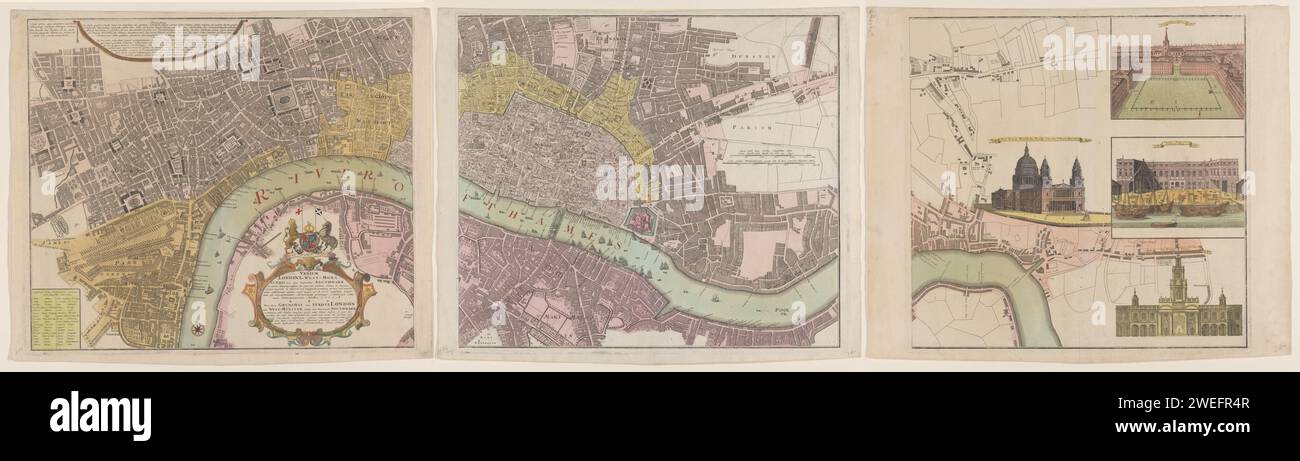 Map of London, consisting of three parts, Anonymous, 1736 print Map of ...