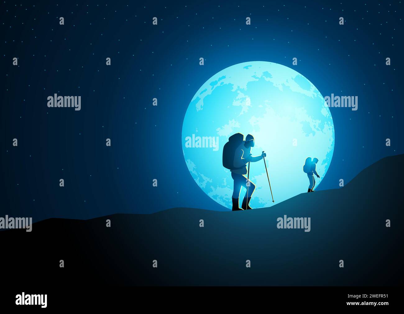 Trekkers with backpack trekking on mountain with beautiful full moon on ...