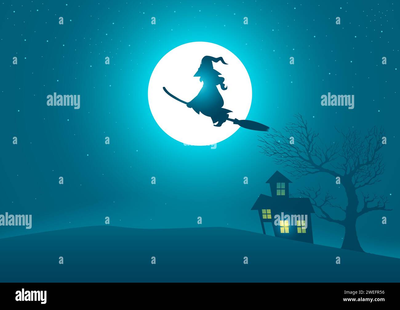 Witch riding a broomstick flying on scary house and tree with full moon ...