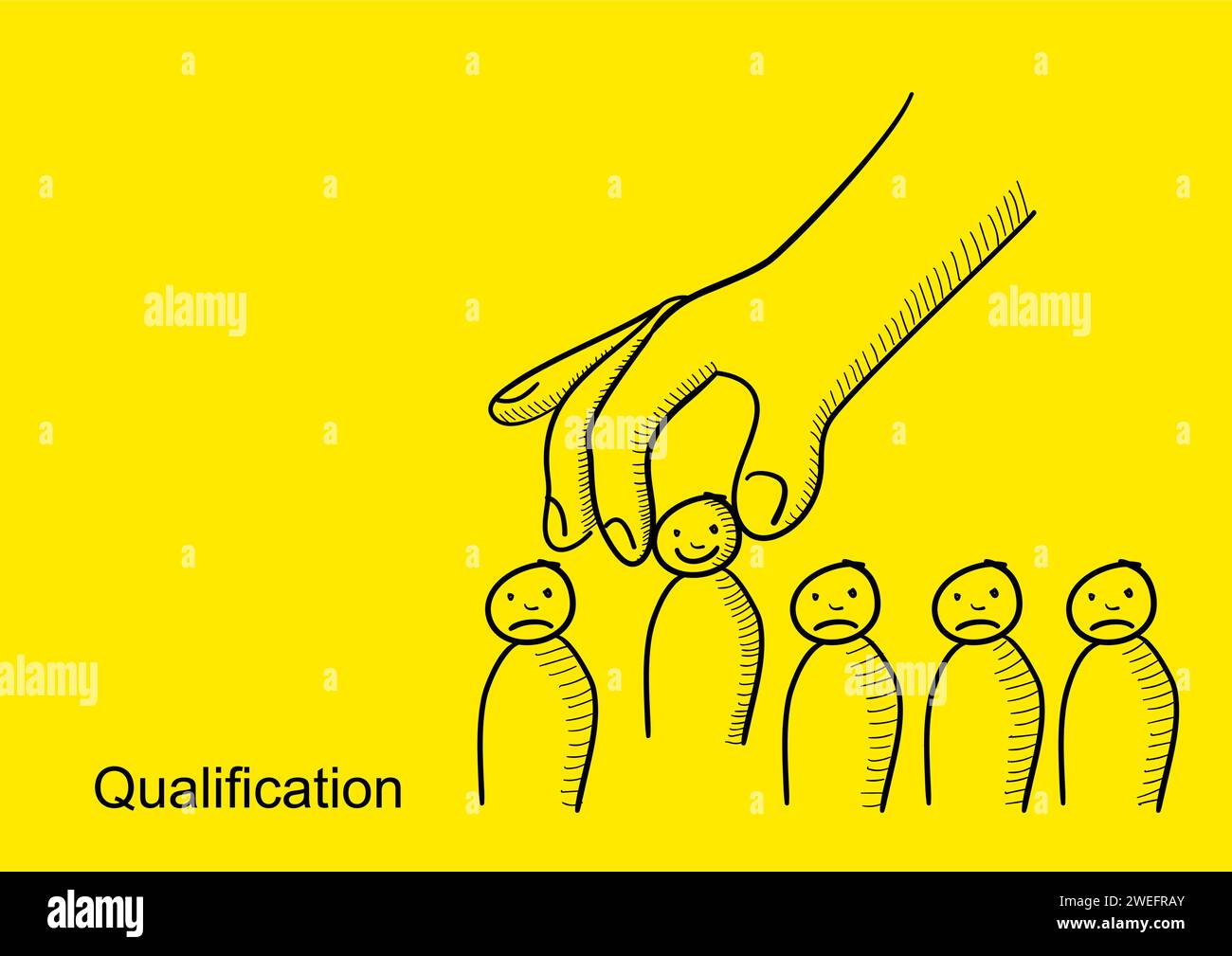 Doodle illustration of giant hand picking up a man from group of people ...