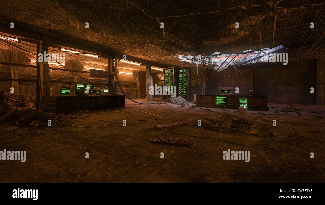 Post apocalyptic undergound bunker with retro computer equipment. 3D ...