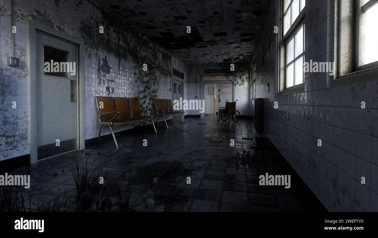 Dirty grungy corridor in an old abandoned asylum or hospital. Horror ...