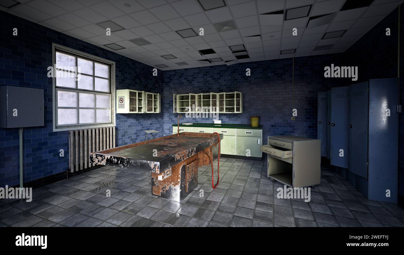 Grungy old autopsy room in a deserted asylum. Horror concept 3D ...