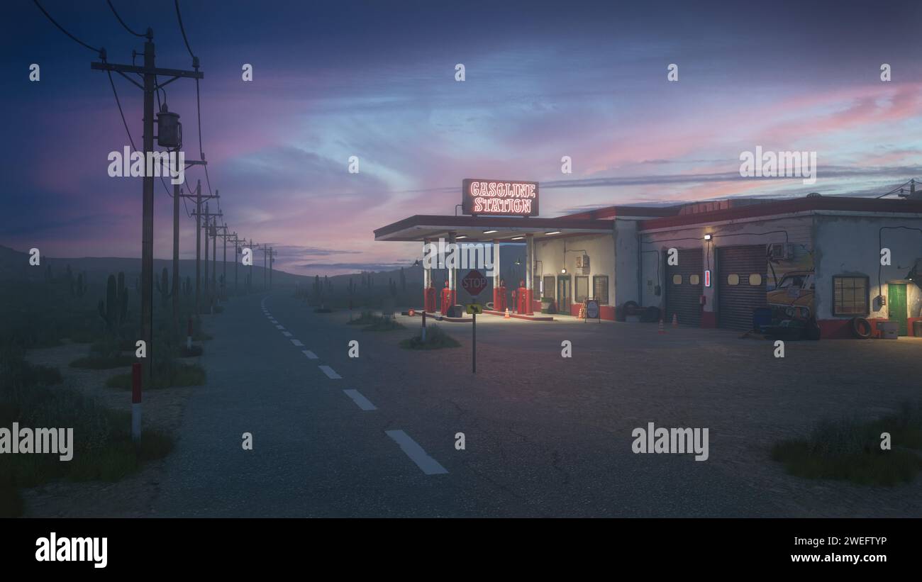 Remote gas station on an empty desert road at night. 3D rendering Stock ...